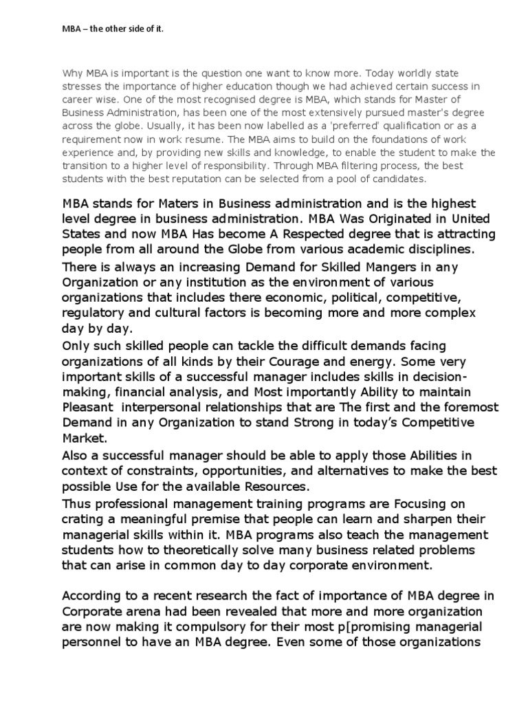 Why To Take Up Mba | PDF | Master Of Business Administration | Academic ...