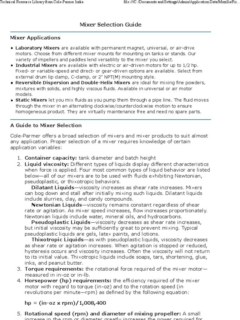 Mixer Selection Guide | PDF | Viscosity | Soft Matter
