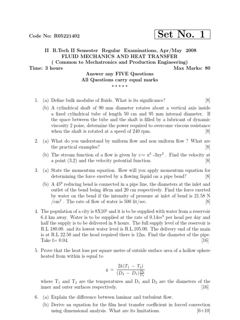 Fluid Mechanics and Heat Transfer April May 2008 Question Paper | PDF ...