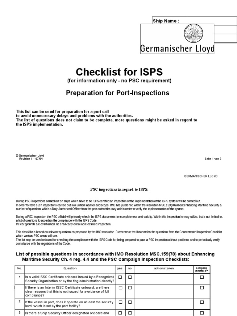Checklist For ISPS: Preparation For Port-Inspections | PDF | Regulatory ...