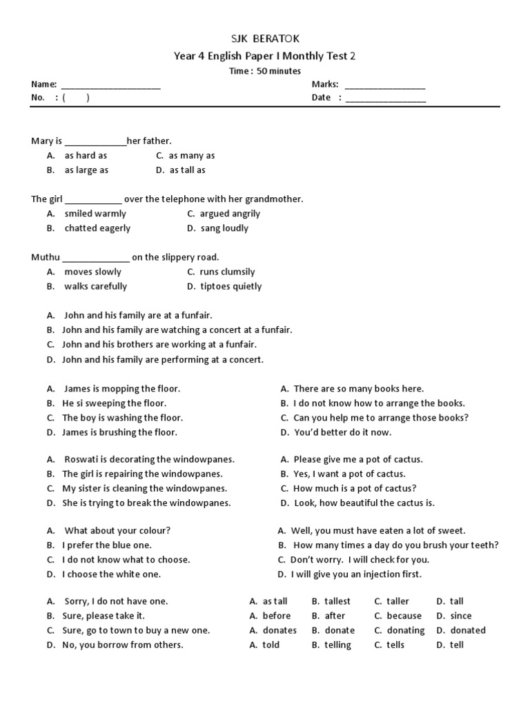 SJK Beratok Year 4 English Paper I Monthly Test 2 | PDF