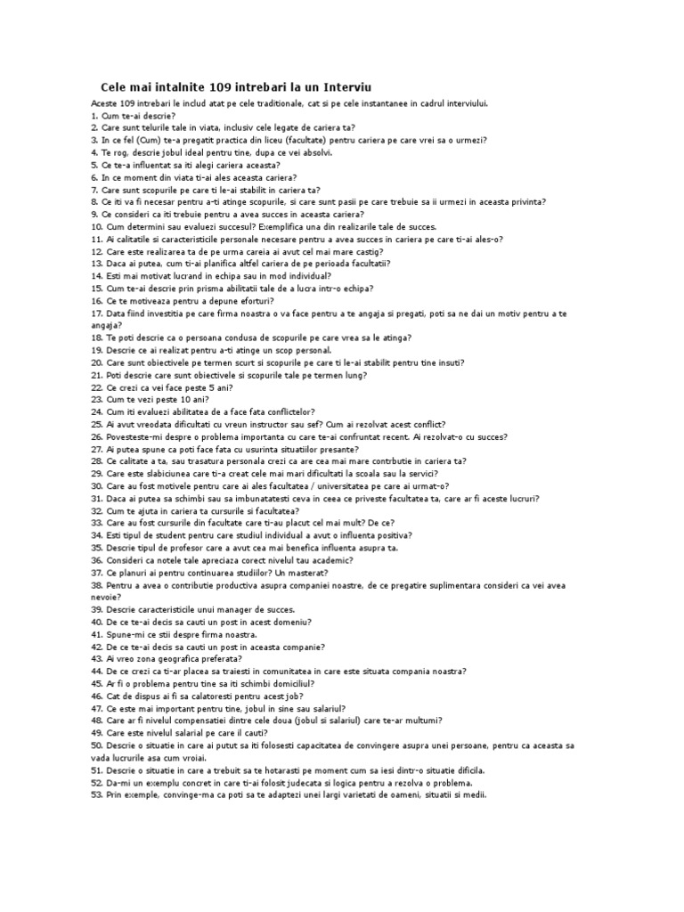Cele Mai Intalnite 109 Intrebari La Un Interviu de Angajare+Random Tips ...