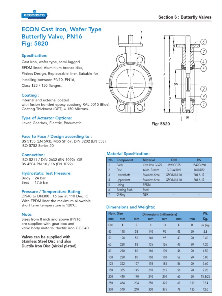 ECON Wafer Type Butterfly Valve Specs | PDF | Technology & Engineering