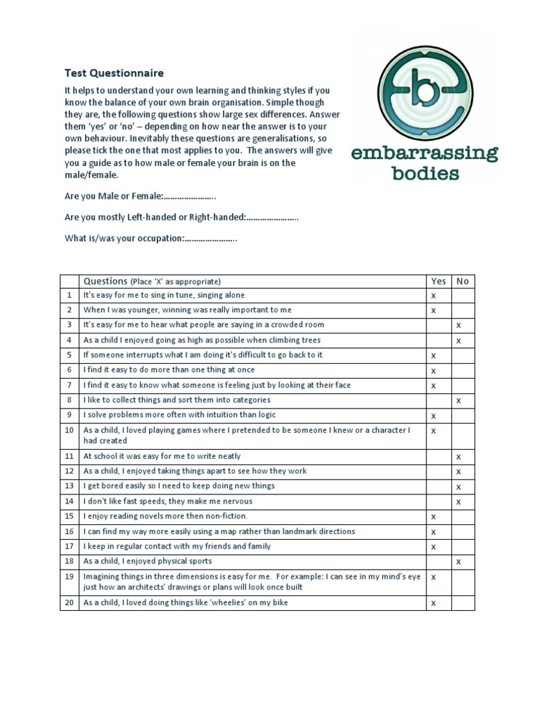 Brain Gender Questionnaire | PDF | Finger | Hand