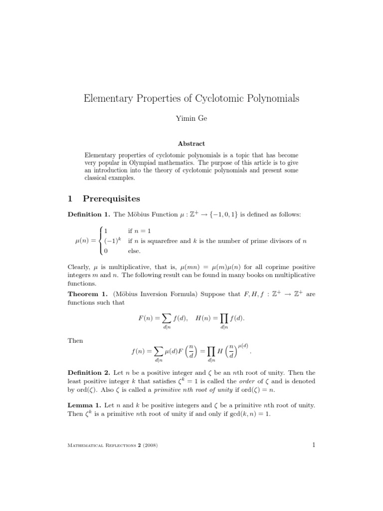 Elementary Properties of Cyclotomic Polynomials by Yimin Ge | PDF ...