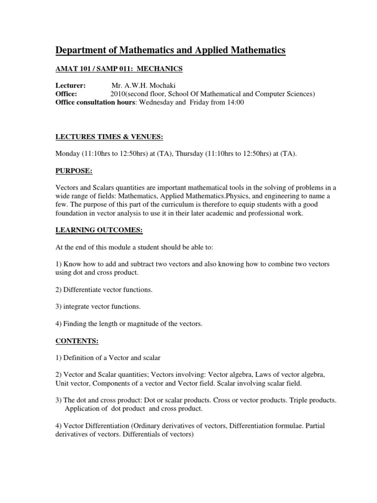 2013 Amat (101) Course Outline | PDF | Euclidean Vector | Vector Calculus