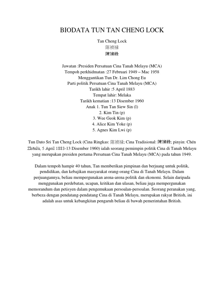 Biodata Tun Tan Cheng Lock | PDF