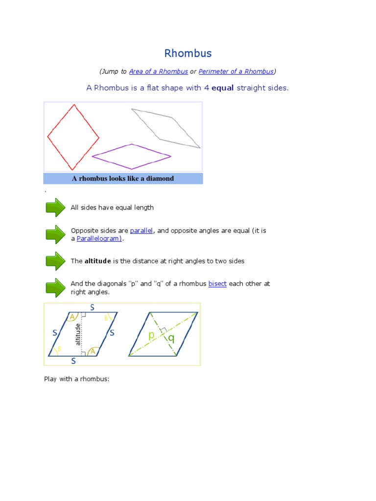 Rhombus: A Rhombus Is A Flat Shape With 4 Equal Straight Sides | PDF ...