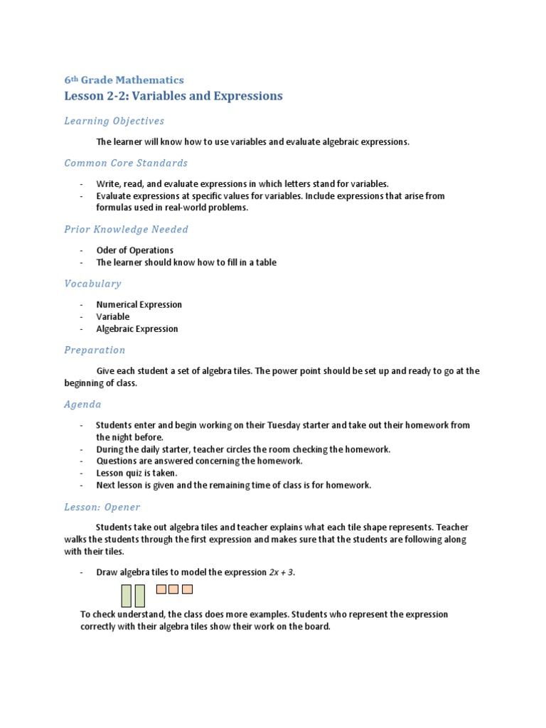 Variables and Expressions | PDF | Variable (Mathematics) | Algebra