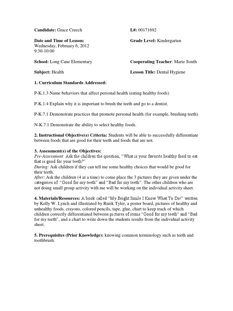 Kindergarten Dental Hygiene Lesson Plan | PDF | Educational Assessment ...