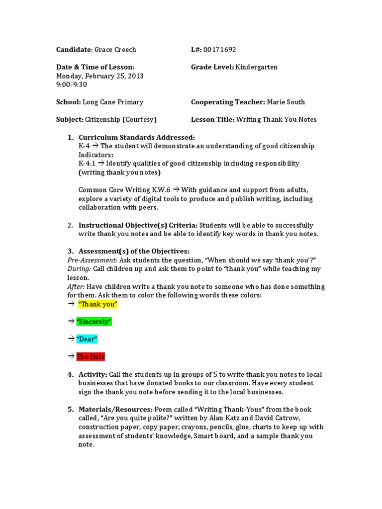 Lesson Plan - Writing Thank You Notes | PDF | Educational Assessment ...