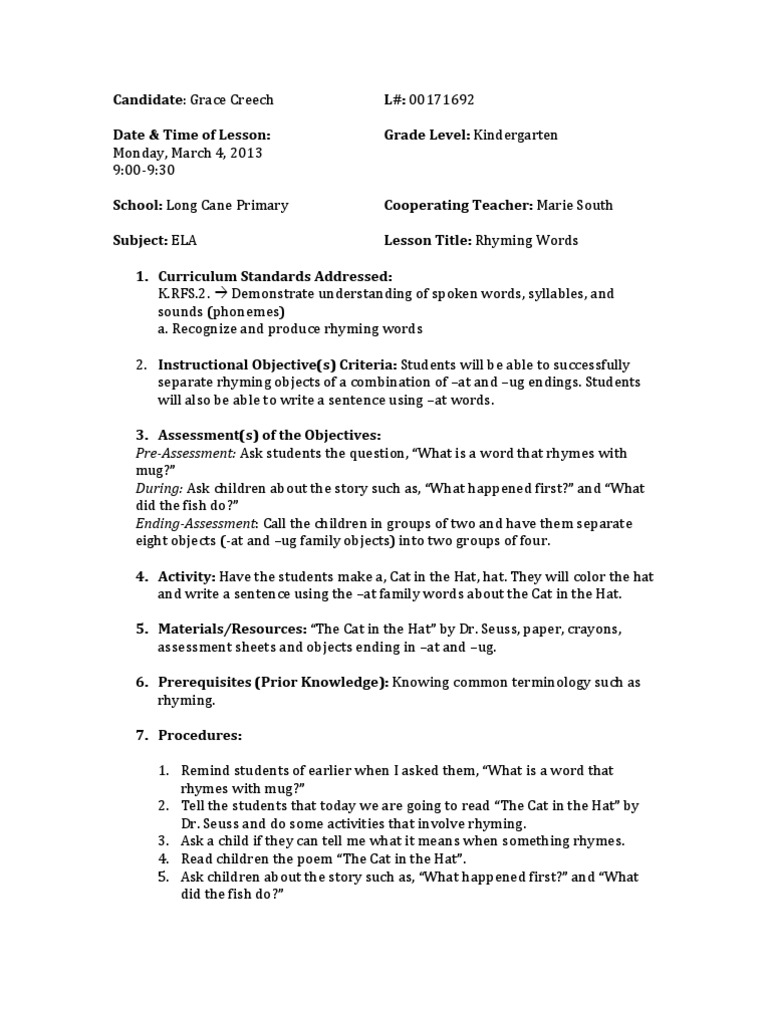 Lesson Plan - Rhyming Words | PDF | Quality Of Life | Linguistics