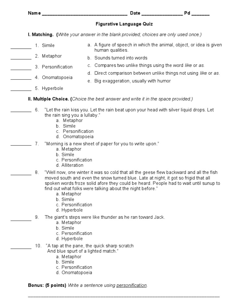 Figurative Language Quiz and Test | PDF