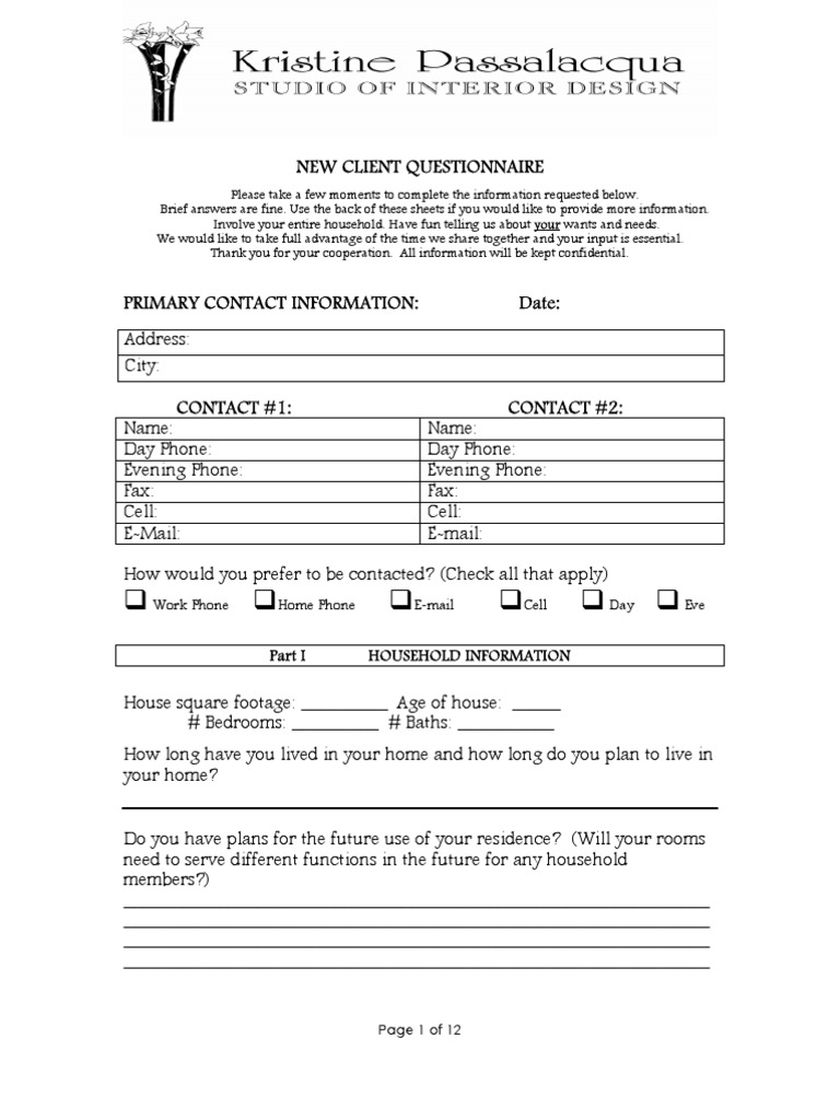 New Client Questionnaire | Kitchen | Green