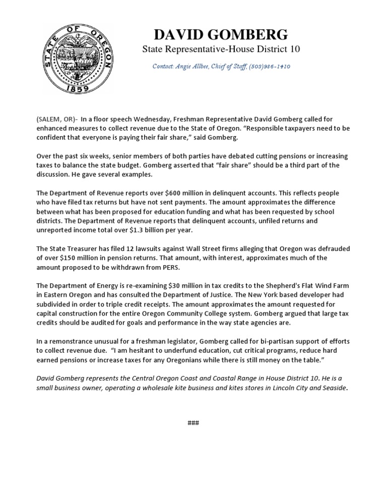 Rep. David Gomberg: PERS Testimony | PDF