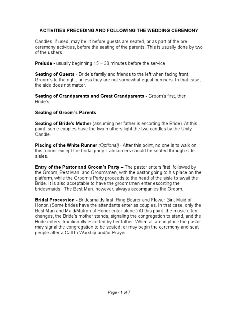 Wedding Ceremony Outline Guide | PDF | Groomsman | Bridesmaid