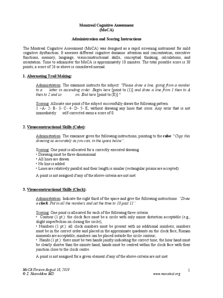 MoCA Instructions English 2010 | PDF