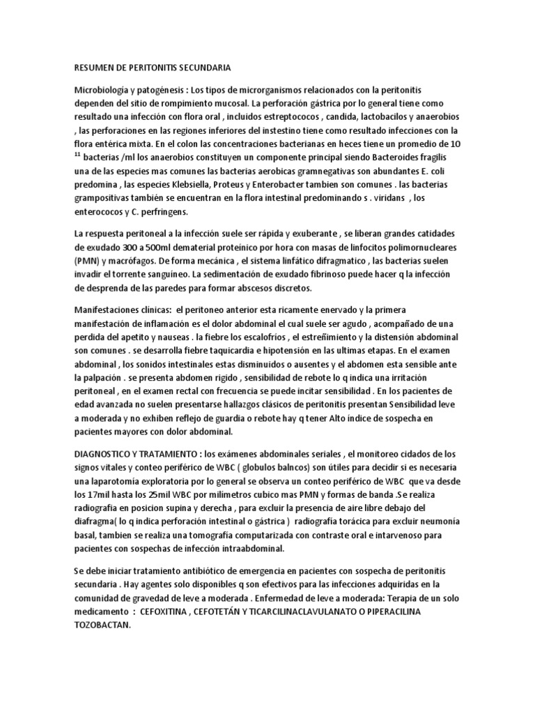 Resumen de Peritonitis Secundaria | PDF | Abdomen | Inmunología