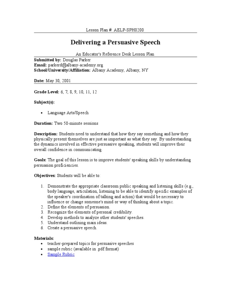 Lesson Plan Speech | PDF | Persuasion | Lesson Plan