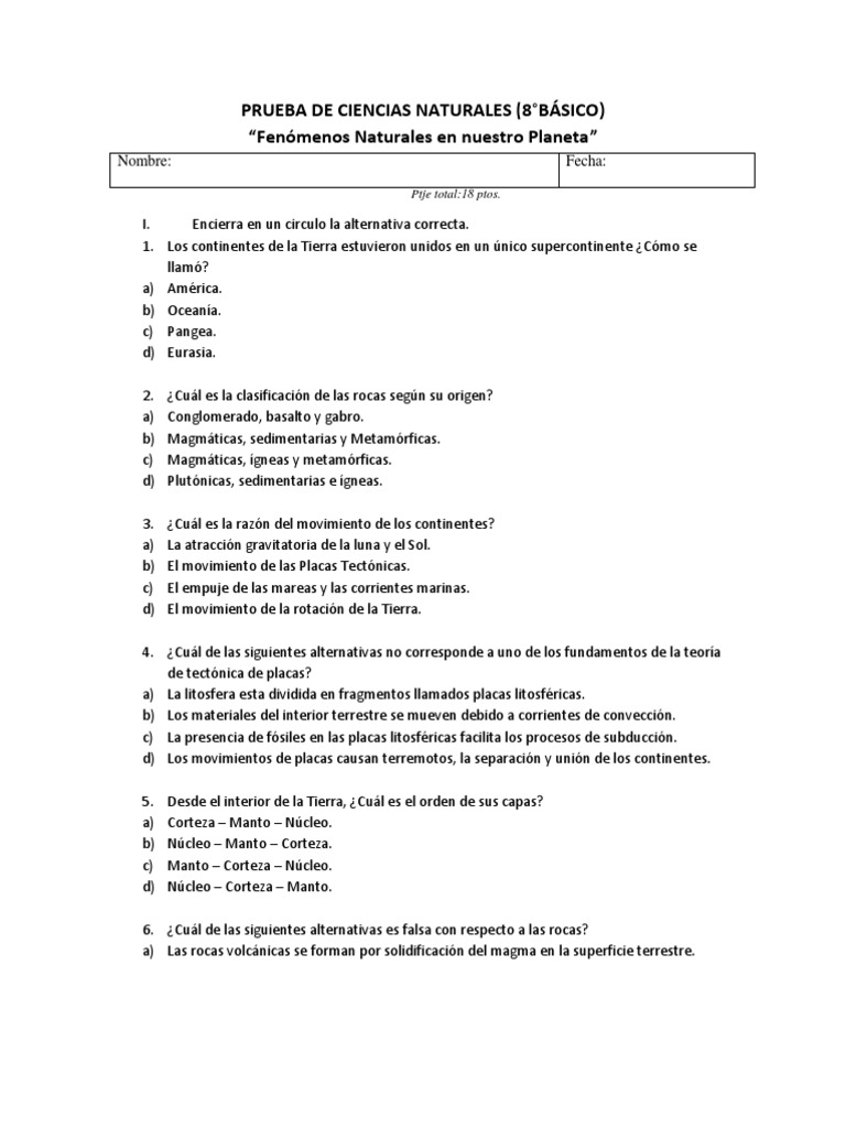 Prueba de Cs. Nat. Placas Tectónicas (8B) | PDF | Roca (geología) | Roca ígnea