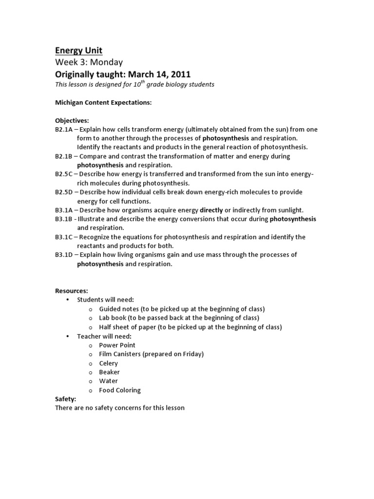 Photosynthesis Lesson Plan | PDF | Photosynthesis | Cellular Respiration