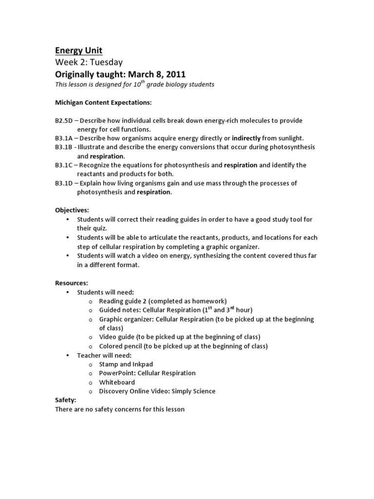 Cellular Respiration Lesson Plan | PDF | Photosynthesis | Cellular ...