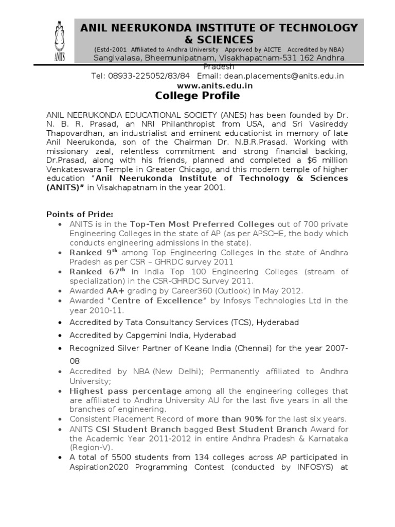 ANITS College Profile | PDF | Academia | Engineering