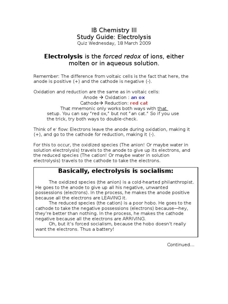 Chem Study Guide: Electrolysis | PDF | Redox | Anode