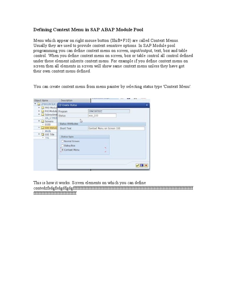 Defining Context Menu in SAP ABAP Module Pool | PDF