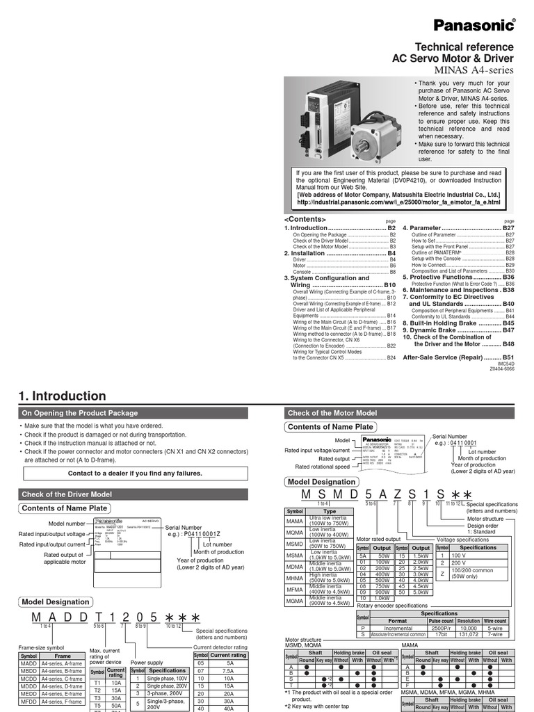Panasonic AC Servo Motor & Driver MINAS A4-Series | PDF | Electric ...