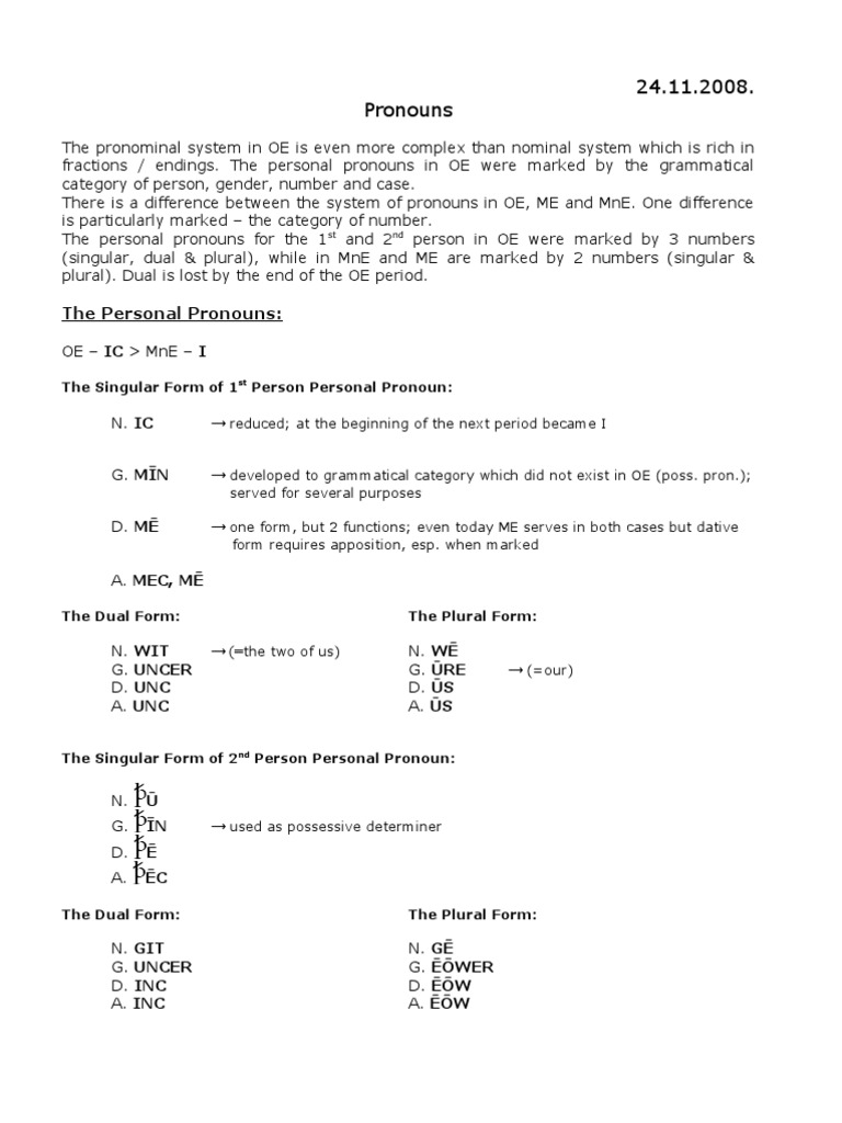 Old English Pronouns | PDF | Grammatical Gender | Grammatical Number