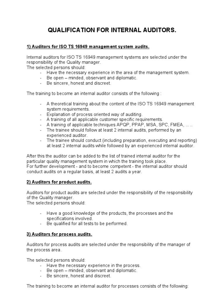 Internal auditor qualification - example.doc | Internal Audit | Audit