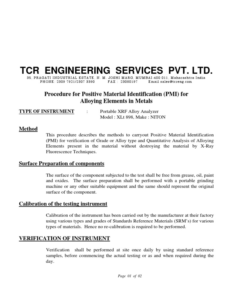 Procedure For Positive Material Identification Pmi | PDF | Alloy ...