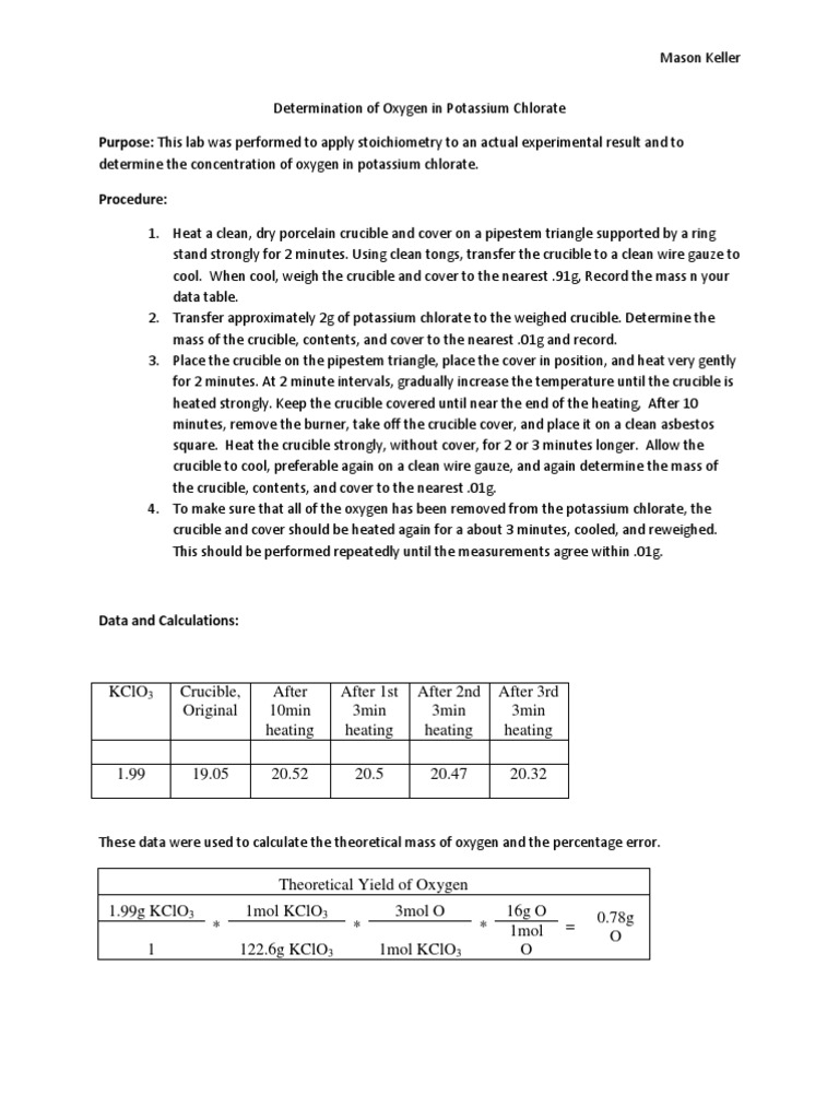 Determination of Oxygen in Potassium Chlorate | Oxygen | Potassium