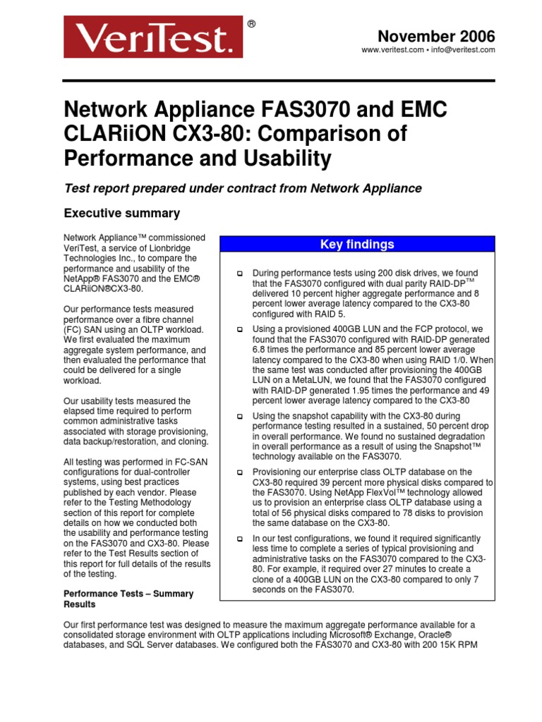 Network Appliance Fas3070 and Emc Clariion Cx3-80: Comparison of Performance and Usability | PDF ...