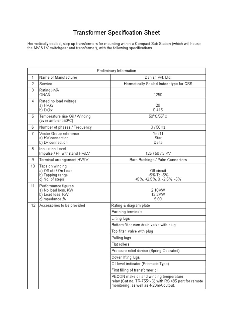 (A) Transformer Specification Sheet | PDF