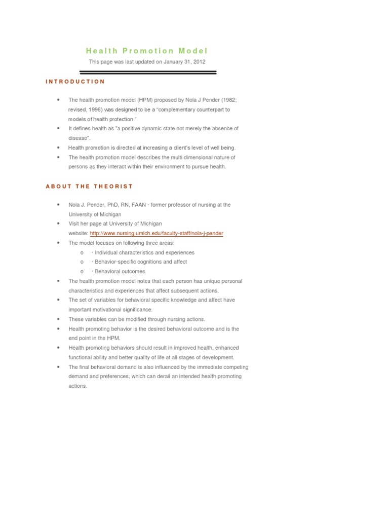 Health Promotion Model | PDF | Self Efficacy | Affect (Psychology)