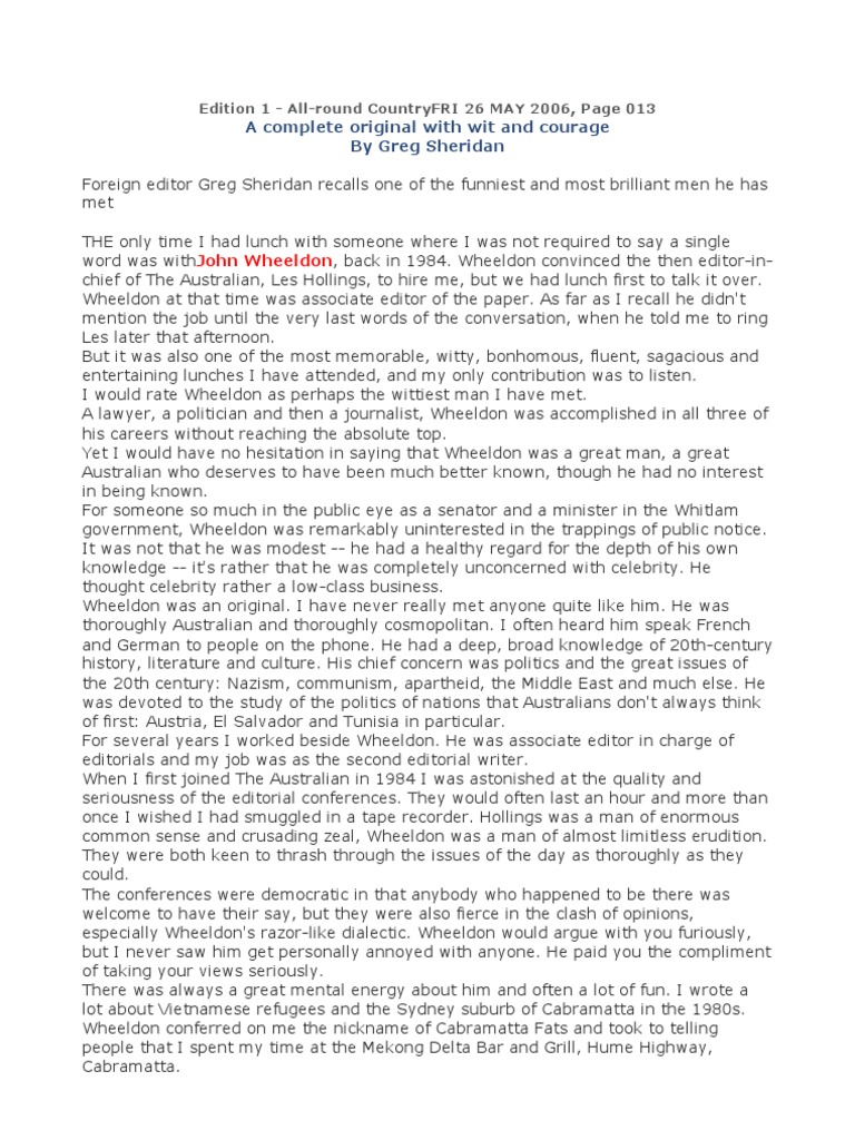 Greg Sheridan - Wheeldon Obit | PDF | Left Wing Politics | Politics ...