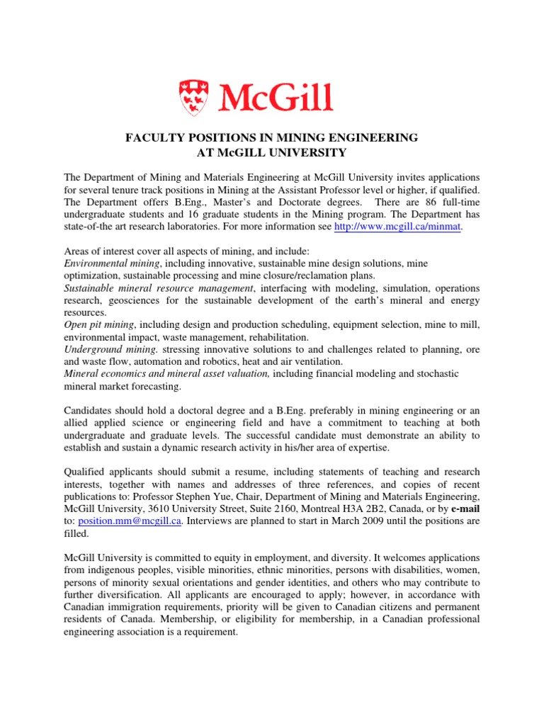 McGill University Mining Engineering Faculty Positions | PDF | Mining ...