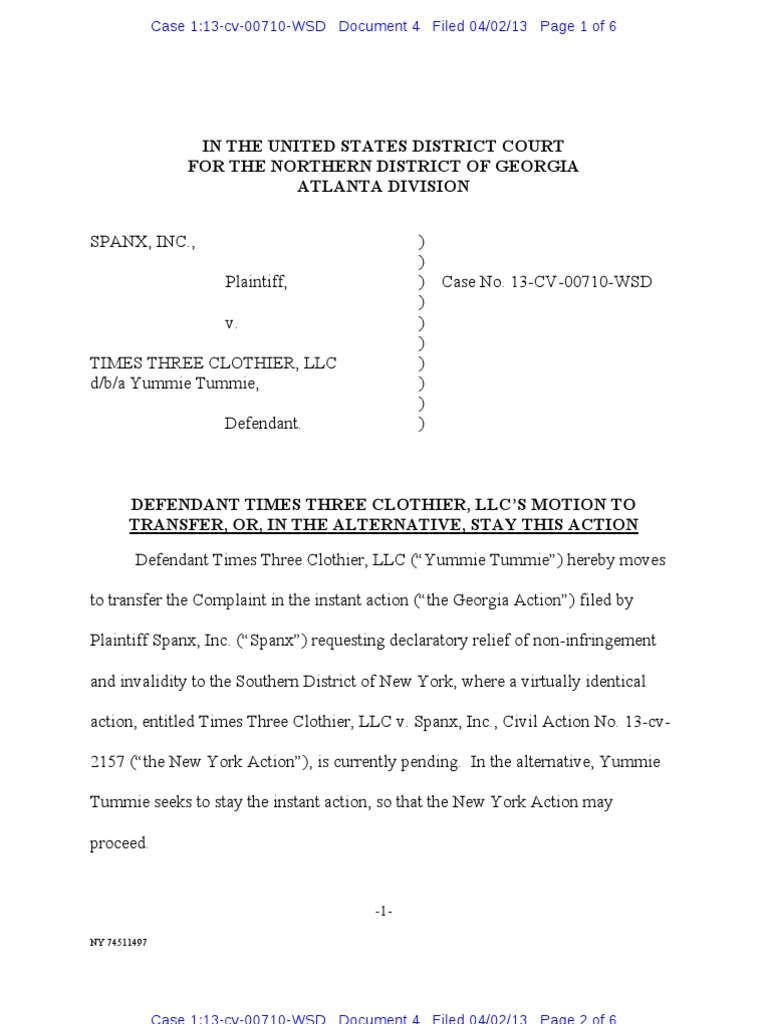 Spanx V Yummie Tummie - Motion To Transfer | PDF | Declaratory Judgment | Lawsuit
