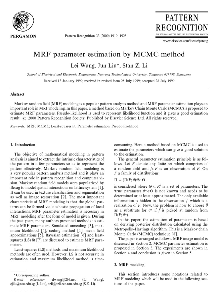 MRF Parameter Estimation by MCMC Method: Lei Wang, Jun Liu, Stan Z. Li | PDF | Statistical ...