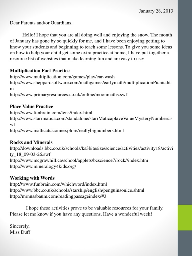 Parent Resource Letter | PDF | Career & Growth