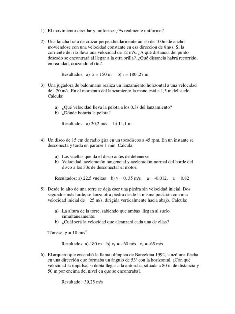 Ejercicios Cinematica 1o Bachillerato | PDF | Movimiento (física ...