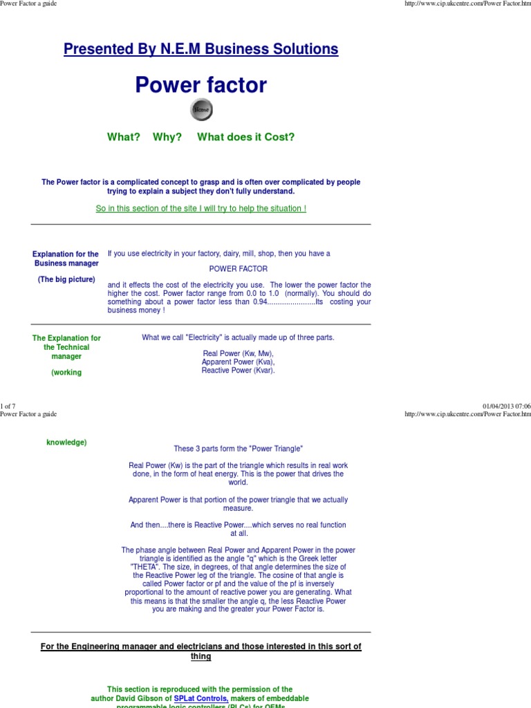 Power Factor A Guide | PDF | Series And Parallel Circuits | Root Mean ...
