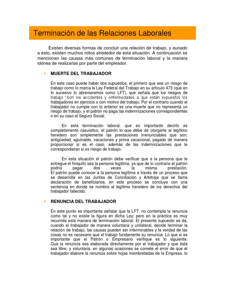 Terminación de las Relaciones Laborales | PDF | Derecho laboral ...