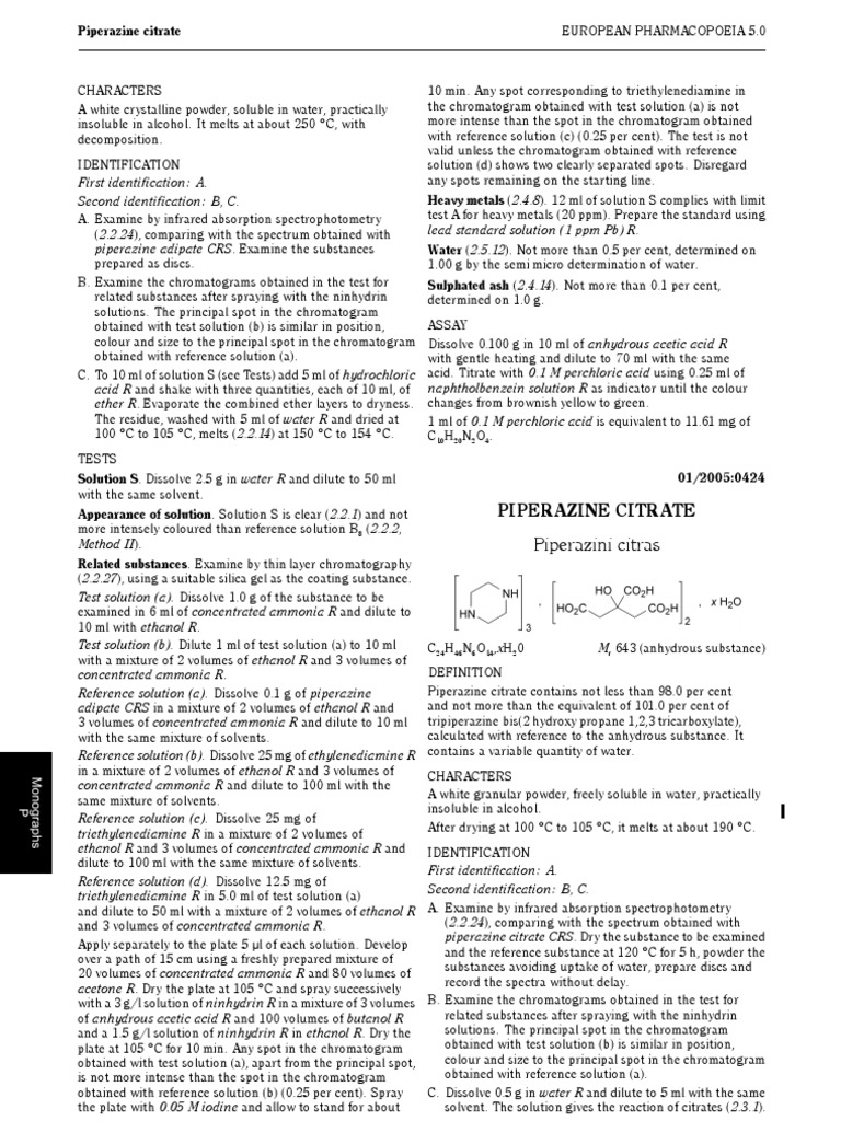 Piperazine Citrate | PDF | Solution | Solubility