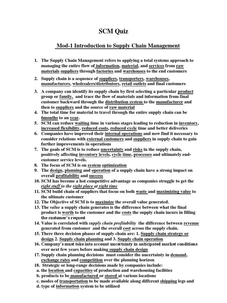 SCM Quiz 3modules | PDF | Supply Chain | Supply Chain Management