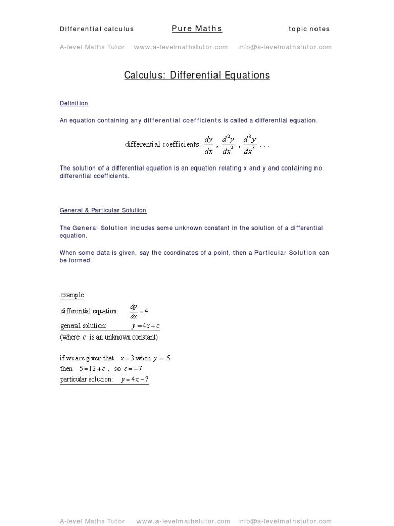 Differential Equations, Calculus Notes From A-Level Maths Tutor | PDF ...