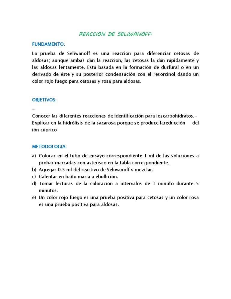 Prueba de Seliwanoff: Fundamento y Procedimiento | PDF