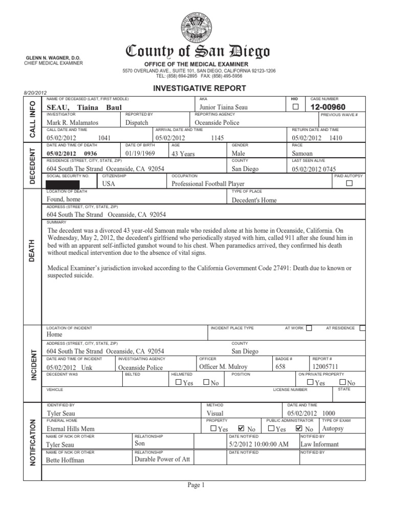 Junior Seau Death Investigation Report | PDF | Neck | Autopsy